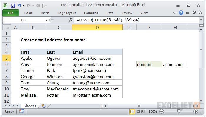 Create Email Address With Name And Domain Excel Formula Exceljet